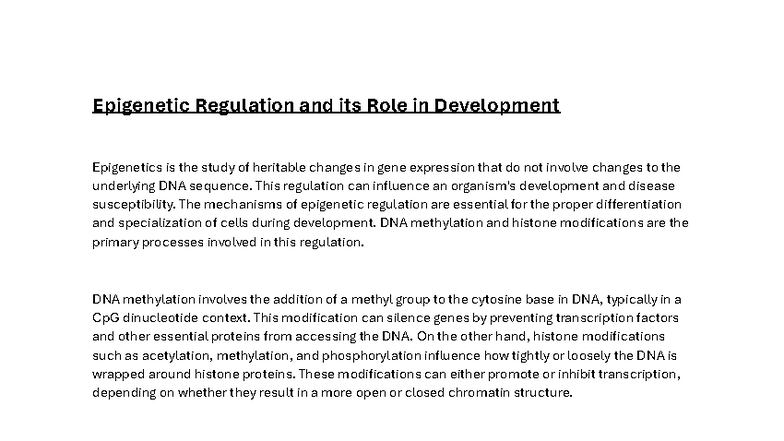 Epigenetic Regulation in Development: Mechanisms & Implications - Studocu