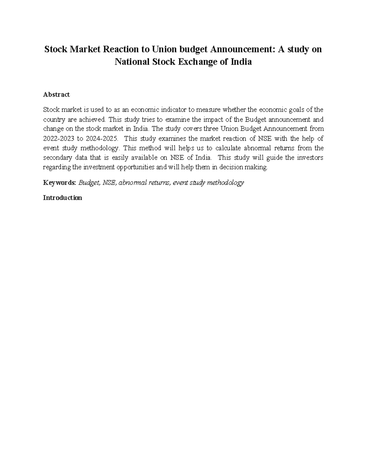 Stock Market Reaction to Union Budget: NSE Event Study Analysis - Studocu