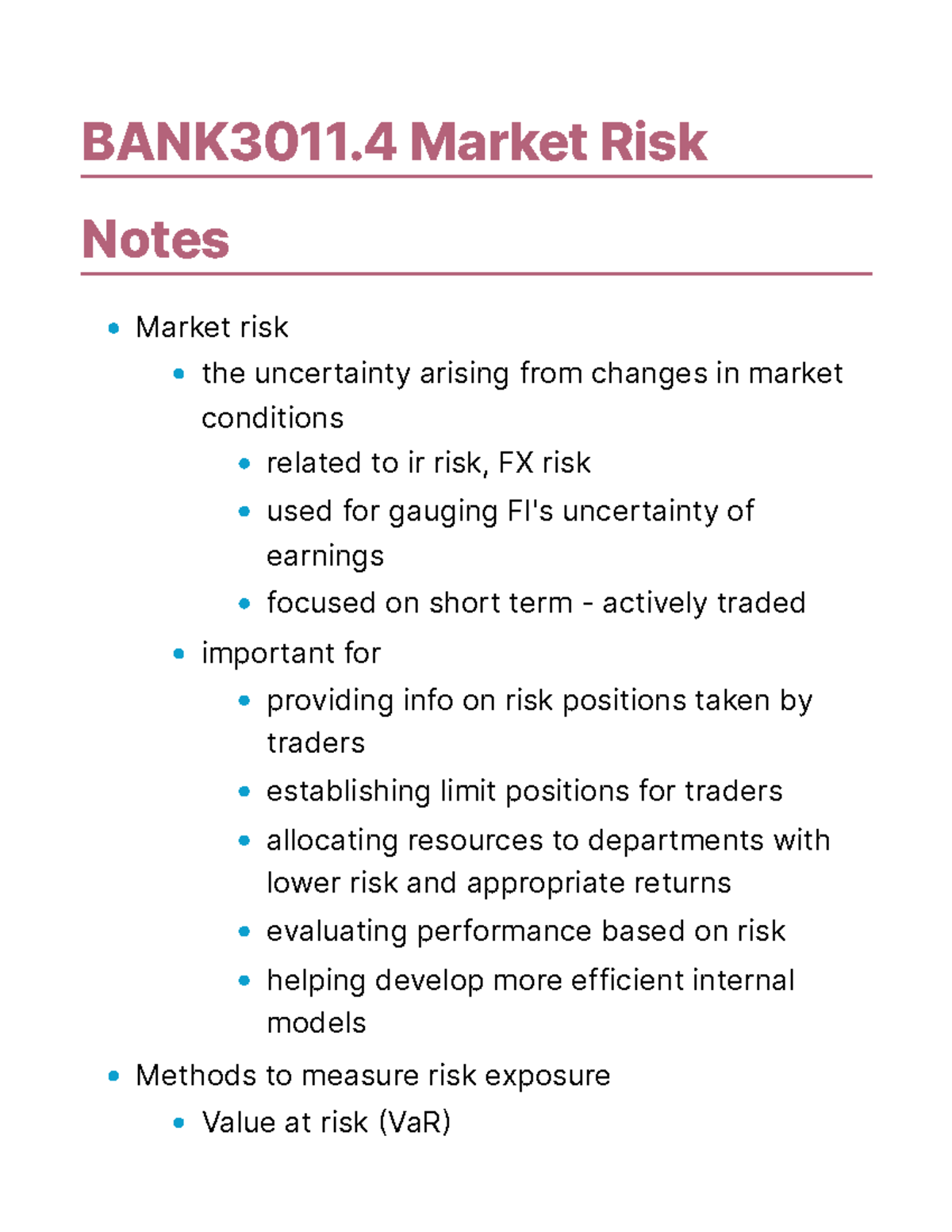 BANK3011.4 Market Risk Notes: Understanding Market Risk Measurement ...