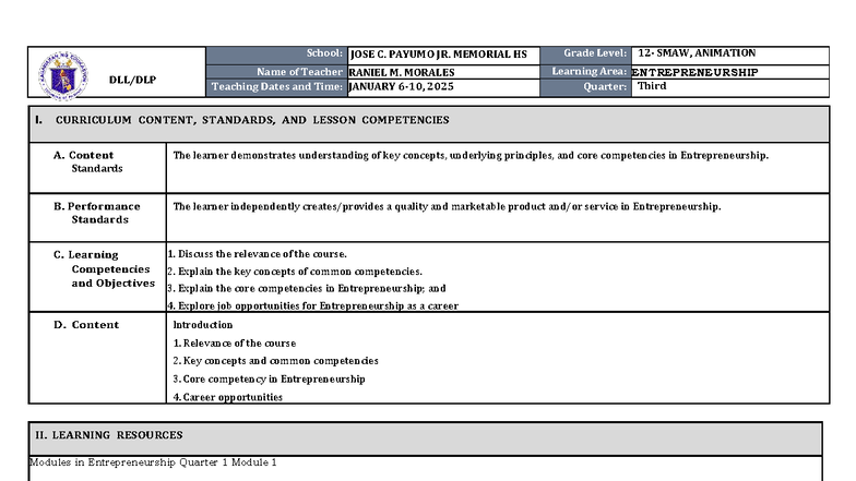 Entrepreneurship Lesson Plan: Week 2 (SMAW, ANIMATION) - Studocu