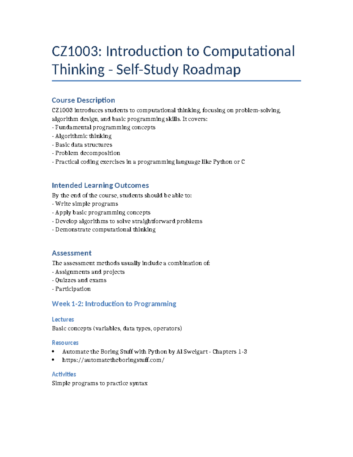 CZ1003: Self-study roadmap for introduction to computational thinking ...
