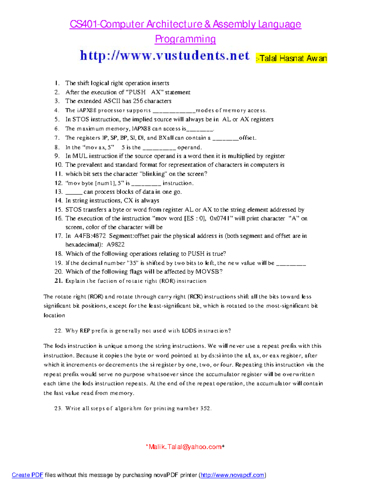 CS401 Midterm Exam Study Guide: Assembly Language Programming - Studocu