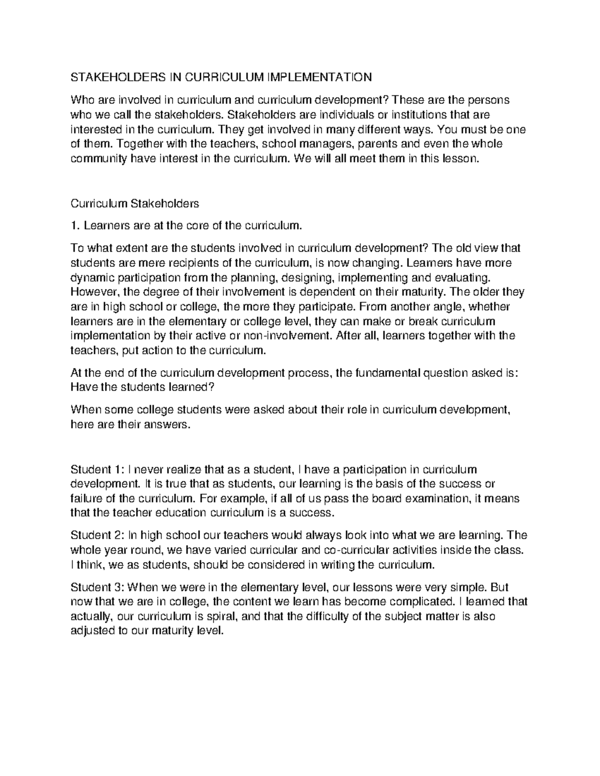 CURRICULUM STAKEHOLDERS: Roles in Implementation and Development - Studocu