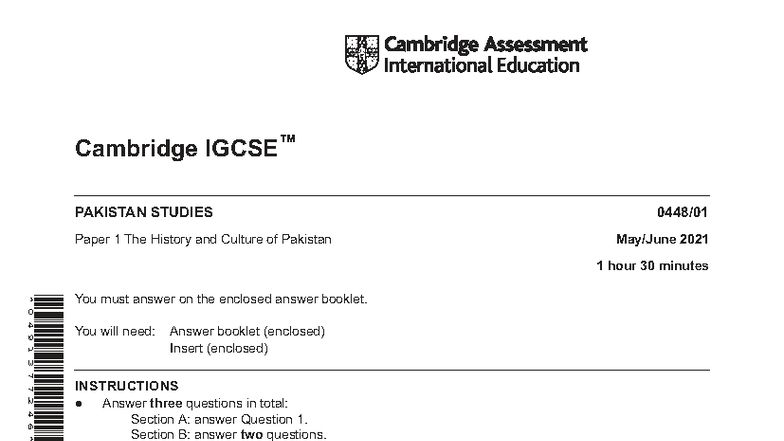 Cambridge PAKISTAN STUDIES 0448/01 Paper 1: History & Culture 2021 ...