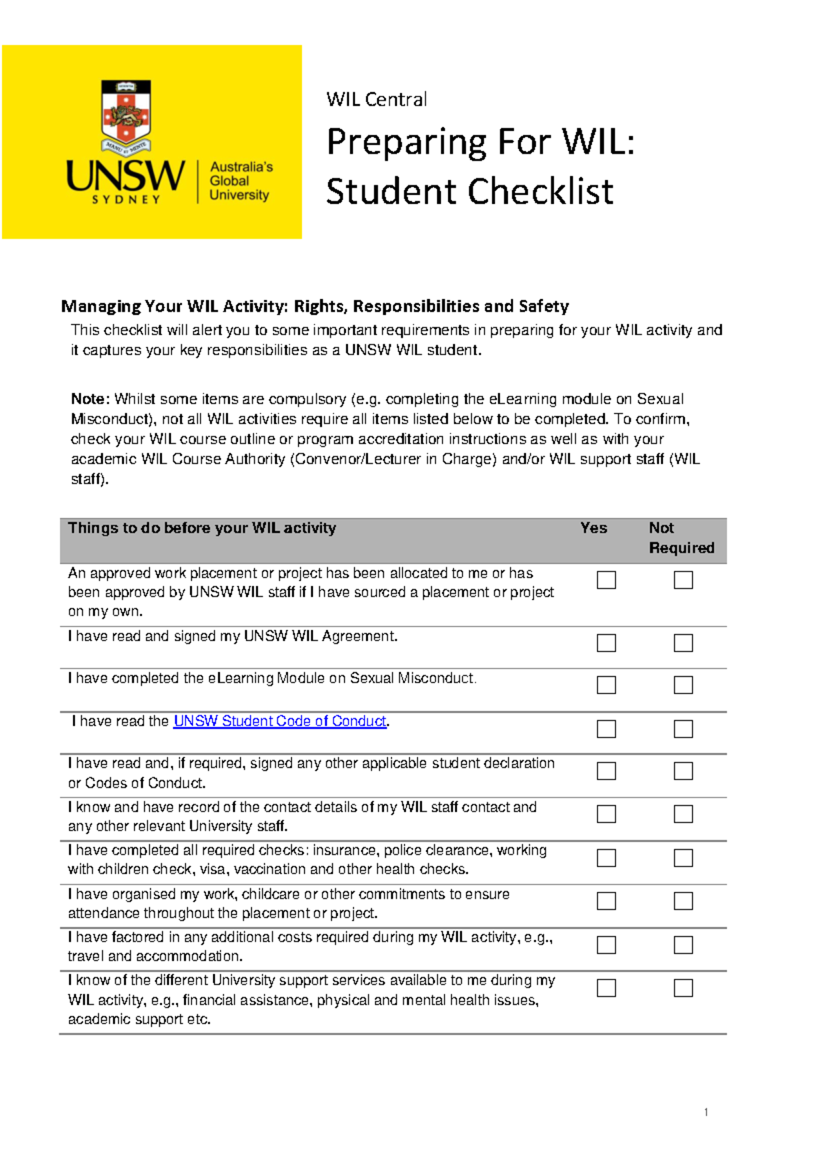 UNSW WIL Student Checklist: Preparing for Work Integrated Learning 2024 ...