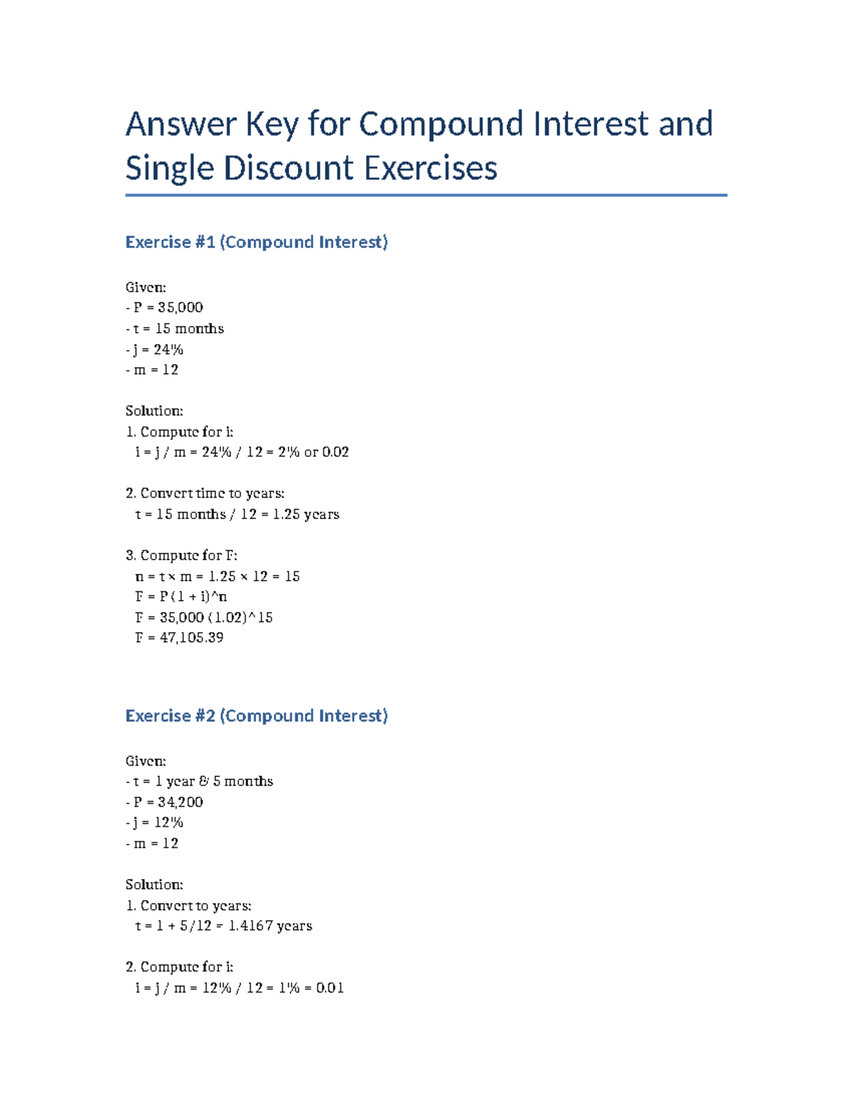 Answer Key for Compound Interest & Single Discount Exercises - Studocu