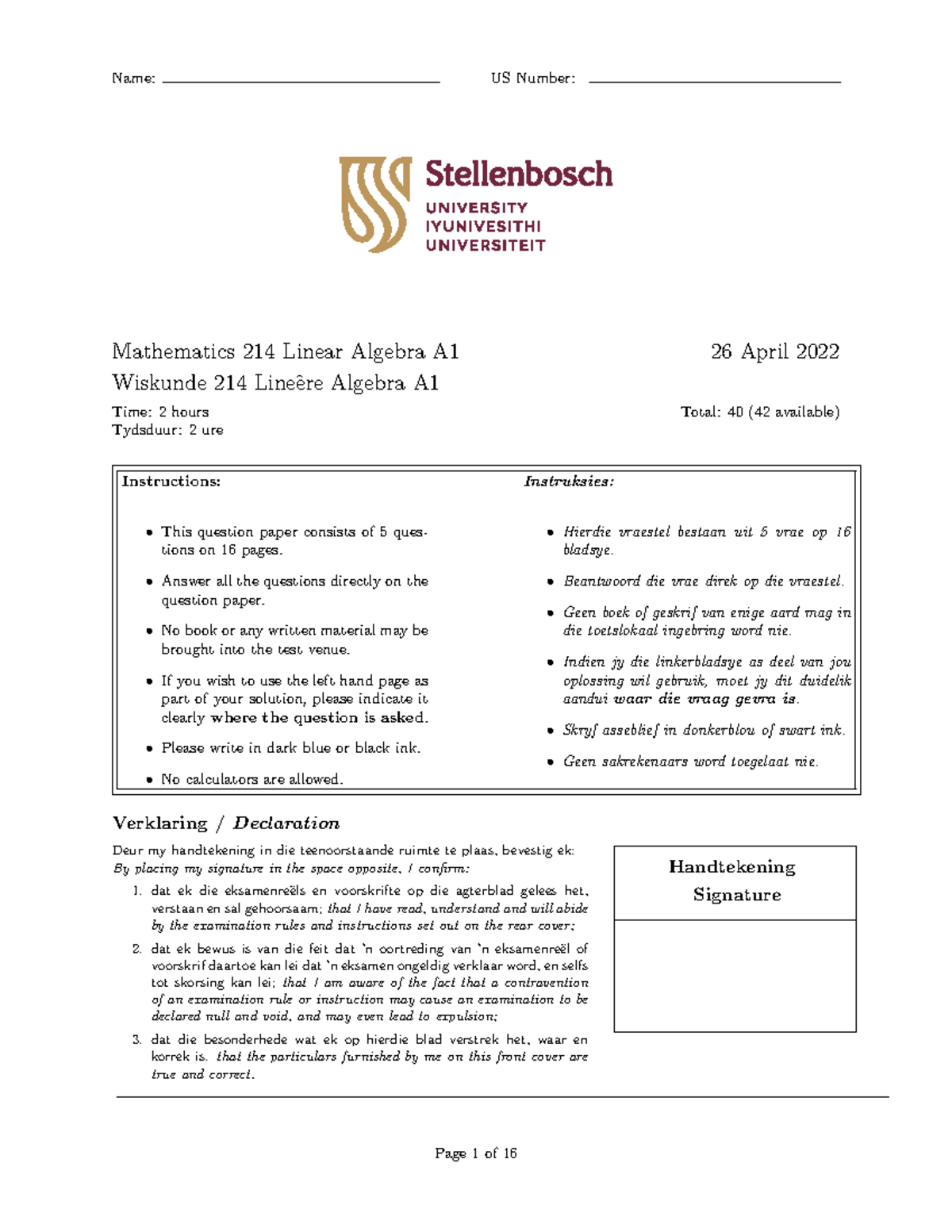 Mathematics 214 A1 - Summary of Linear Algebra Exam Rules and Questions ...