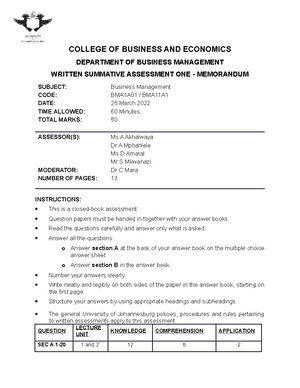 Business Management past paper 2020- MAIN - COLLEGE OF BUSINESS AND ...