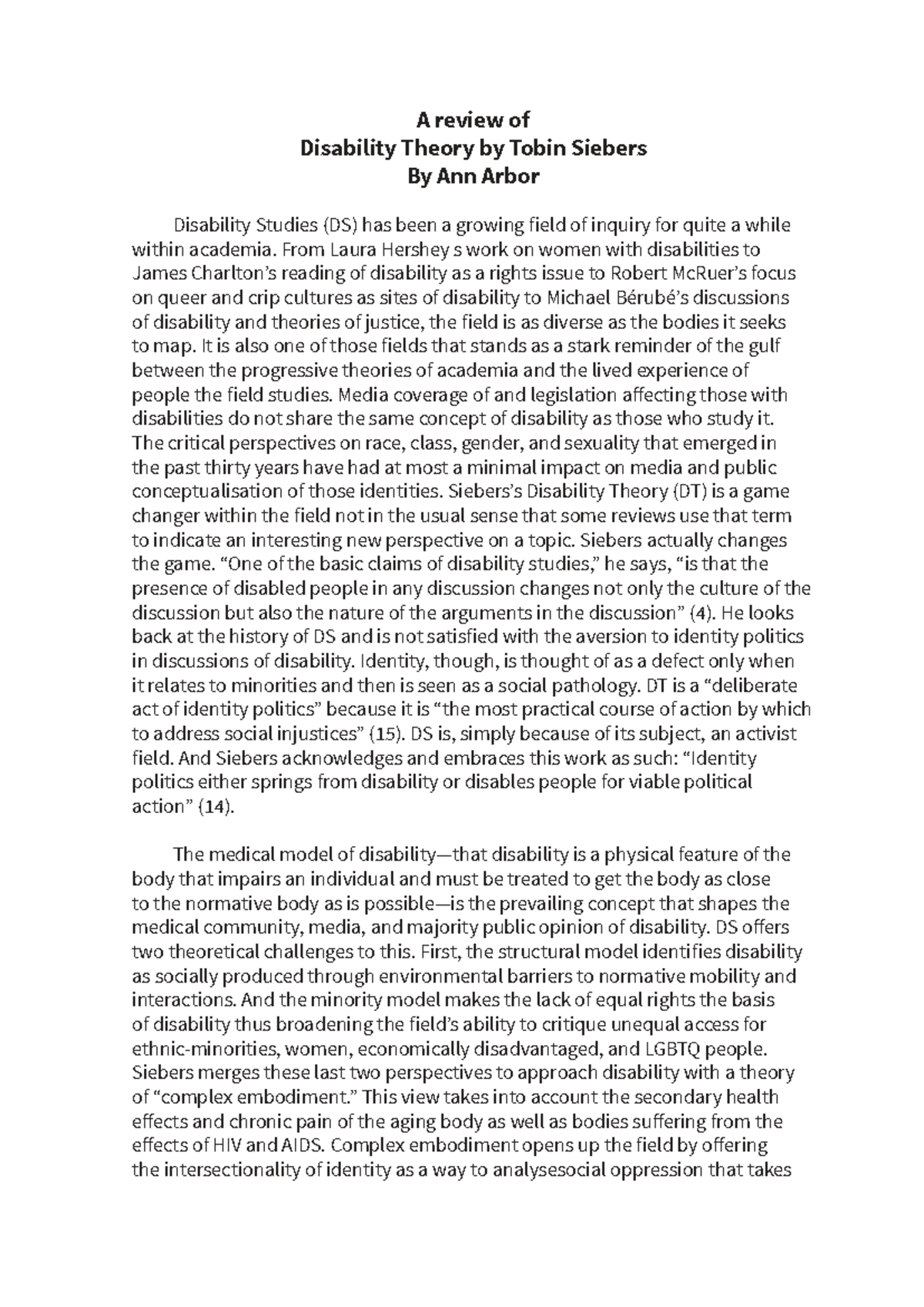 A Review of Disability Theory by Tobin Siebers (DS 842) - Studocu