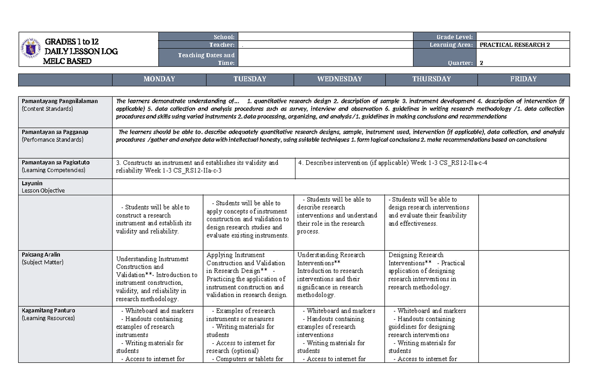 WEEK 2 - LESSON LOG FOR PRACTICAL RESEARCH 2 (MELC BASED) - Studocu