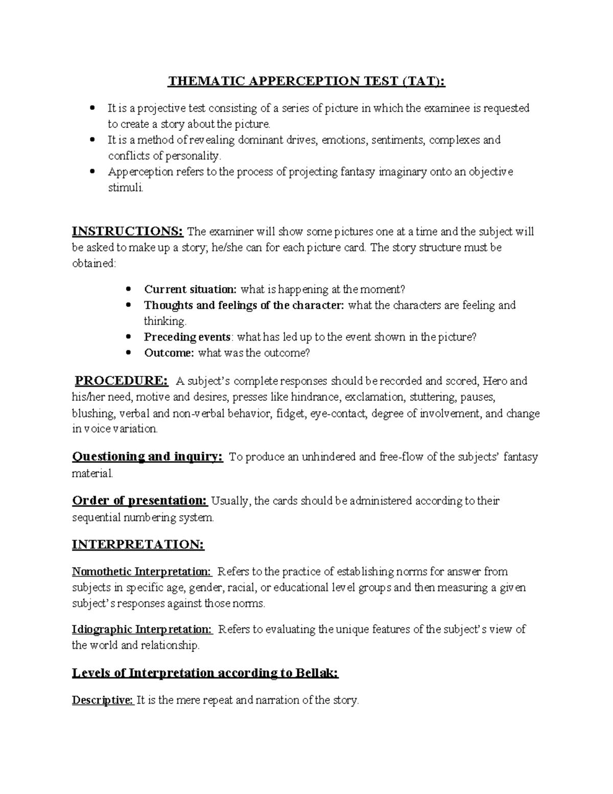 Thematic Apperception Test (TAT) Manual Overview and Guidelines - Studocu