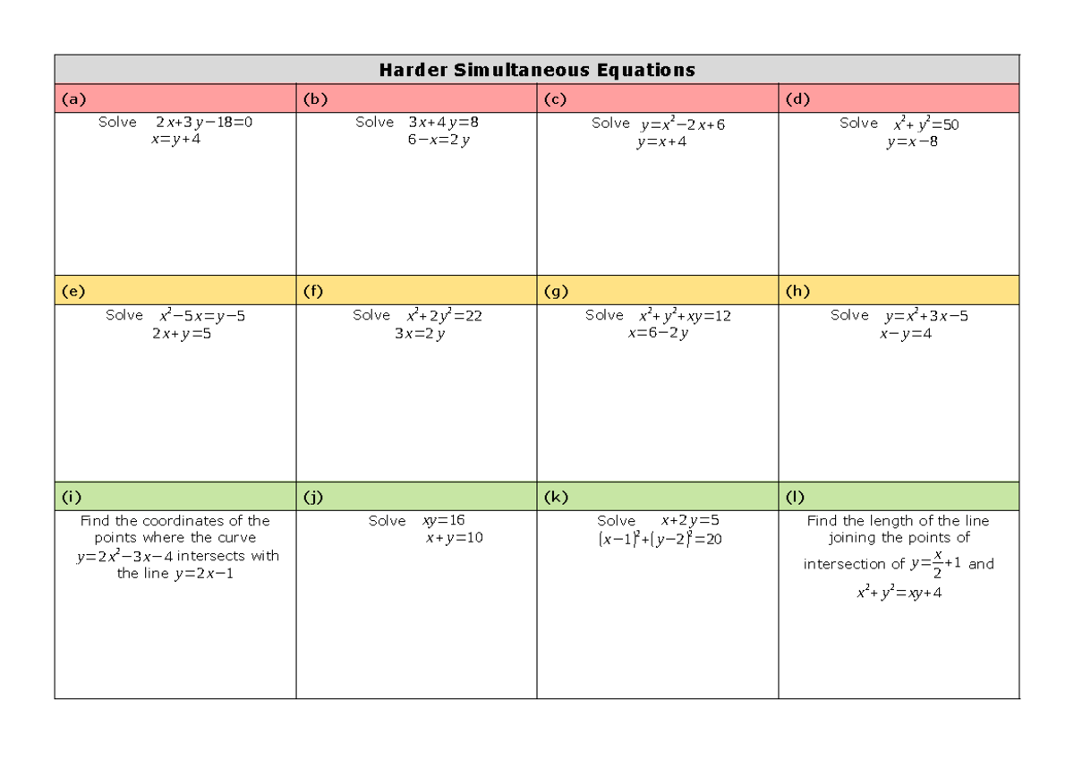 Harder Simultaneous Equations Practice Grid - Harder Simultaneous ...