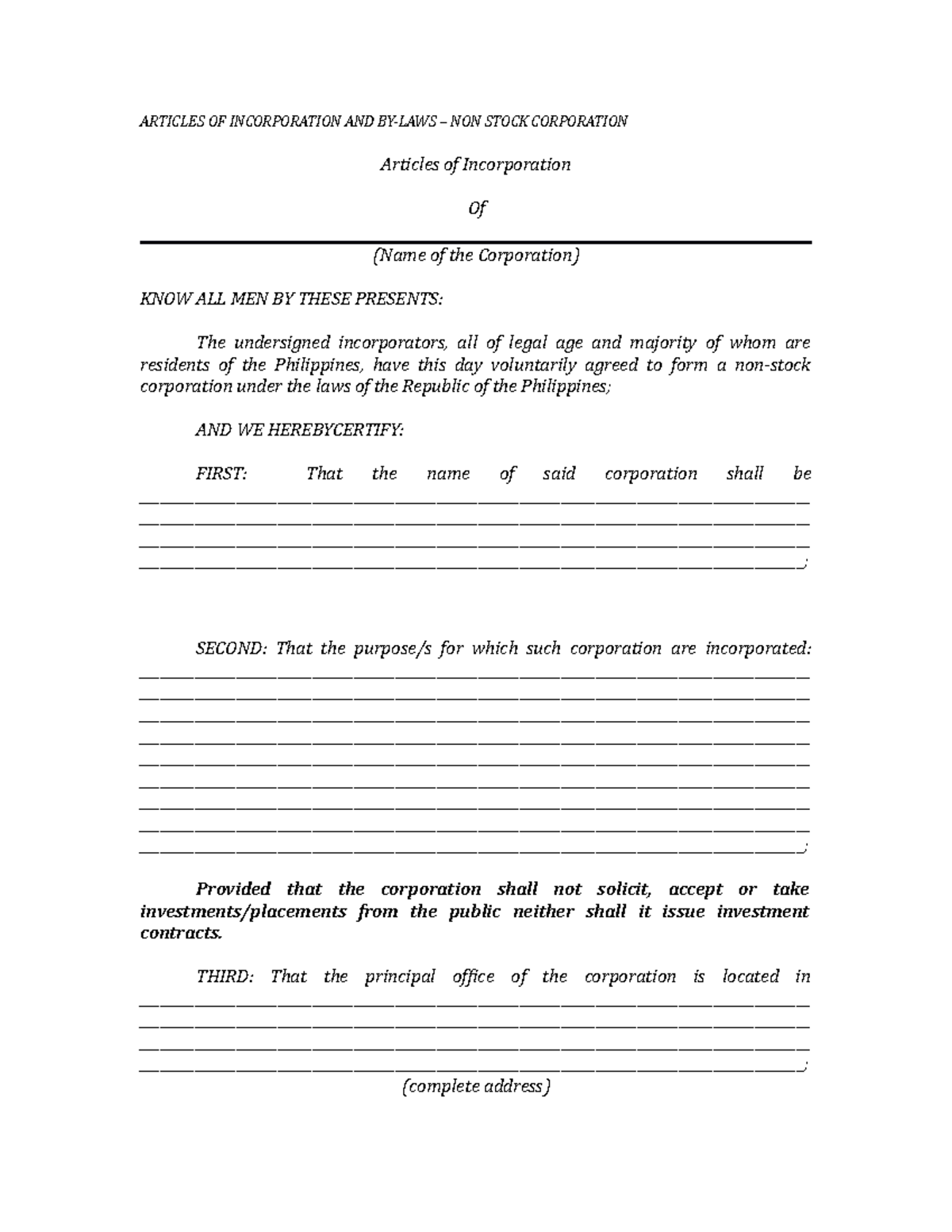 Pro Forma Articles of Incorporation & By-Laws for Non-Stock Corp - Studocu