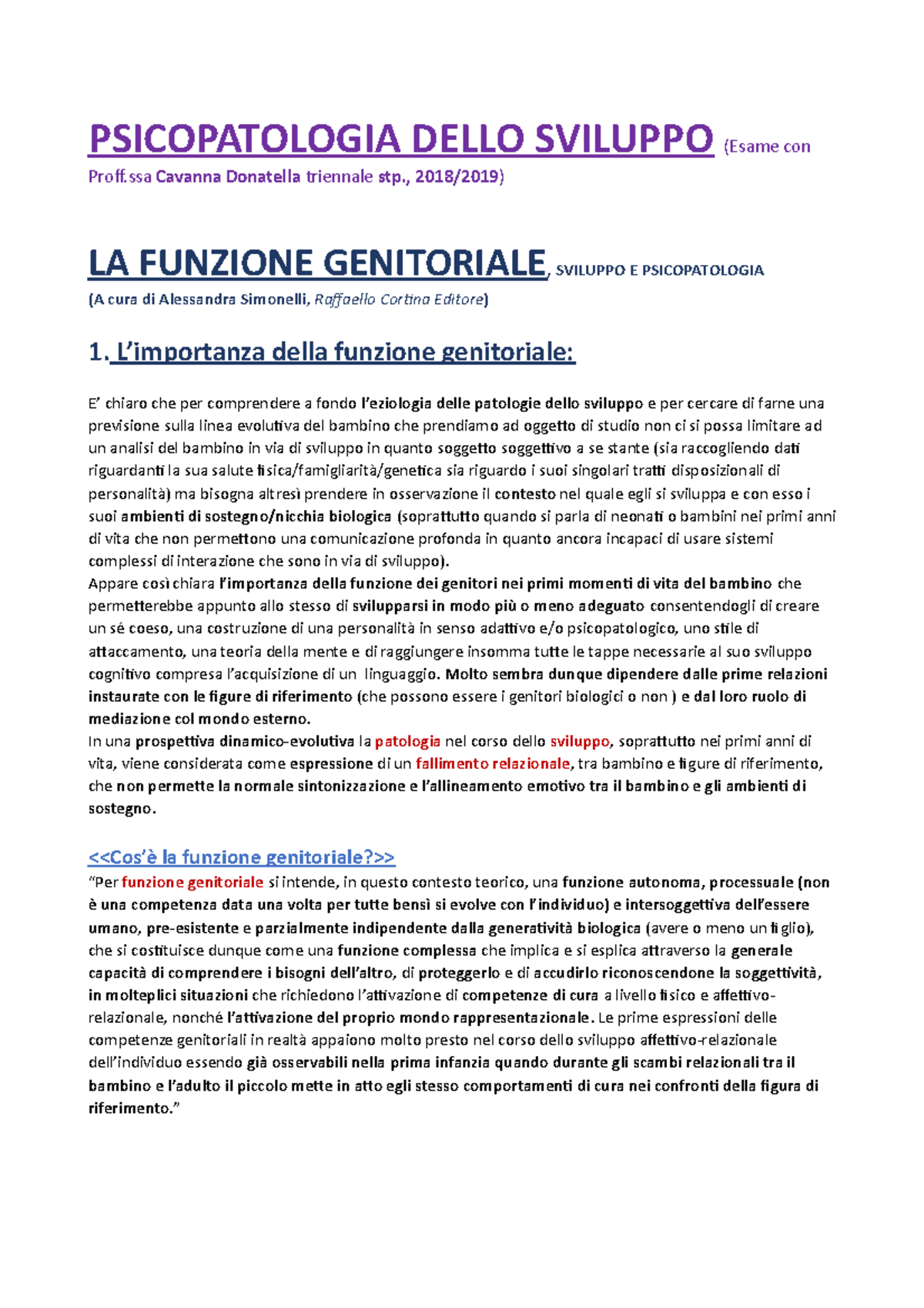 LA FUNZIONE GENITORIALE, SVILUPPO E PSICOPATOLOGIA (A cura di Alessandra Simonelli, Raffaello ...