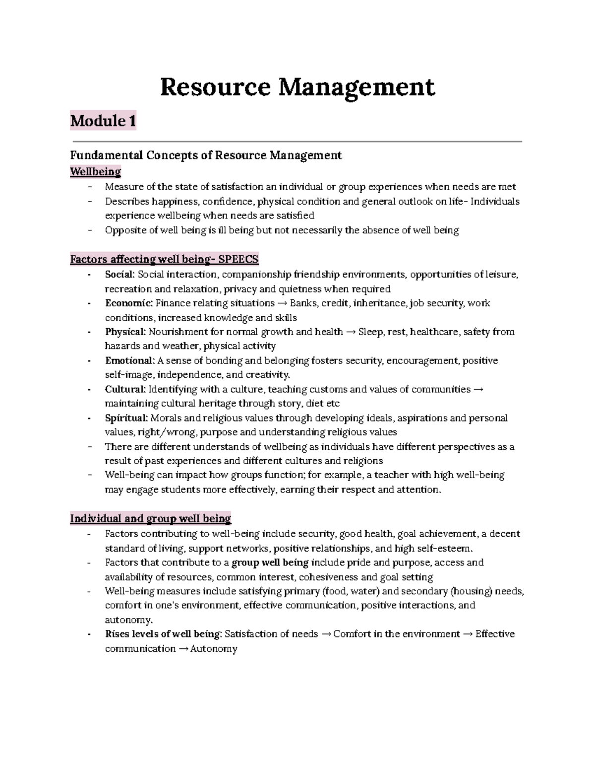 CAFS 101: Resource Management & Wellbeing Concepts - Module 1 Notes ...