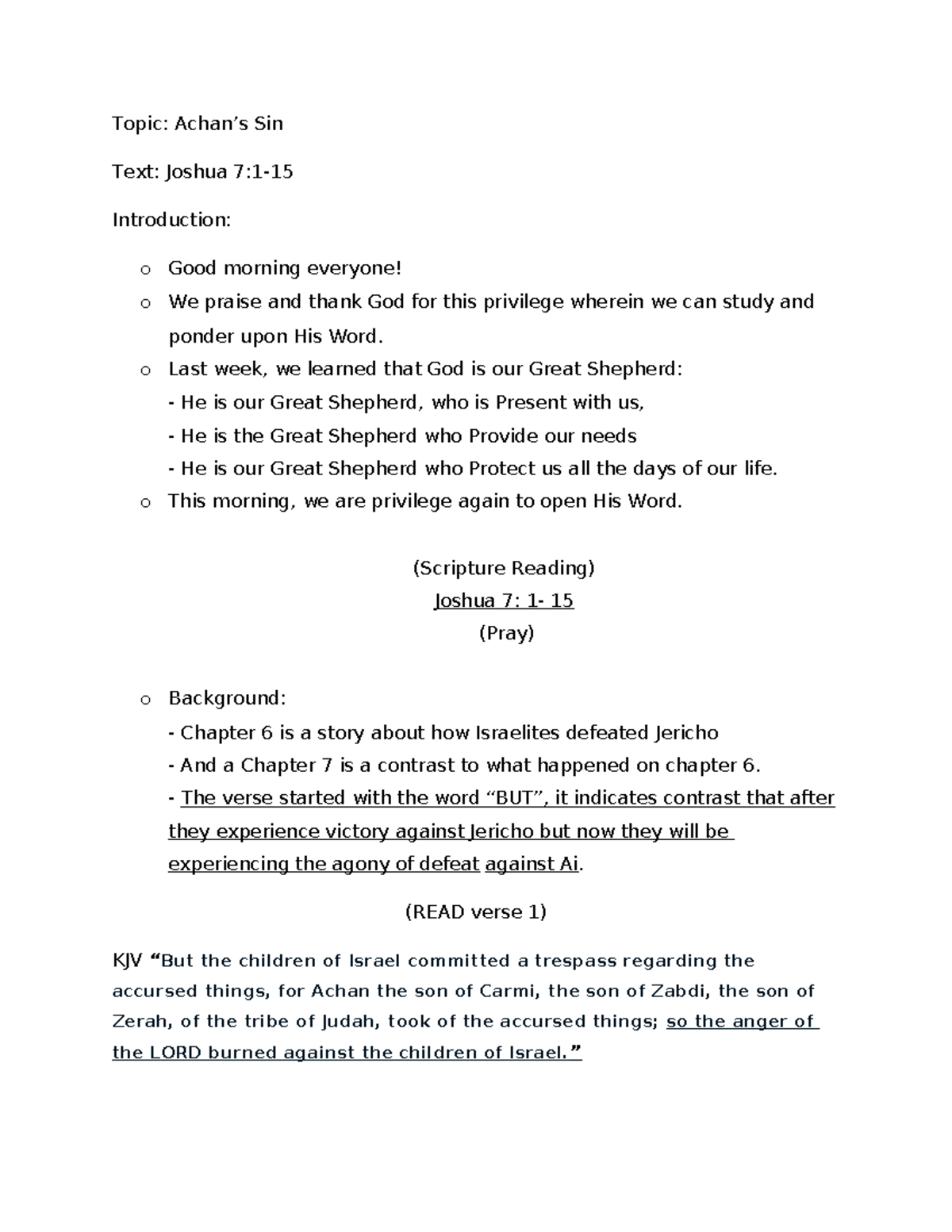 Achan's Sin - Achan committed sin - Topic: Achan’s Sin Text: Joshua 7:1- Introduction: o Good ...