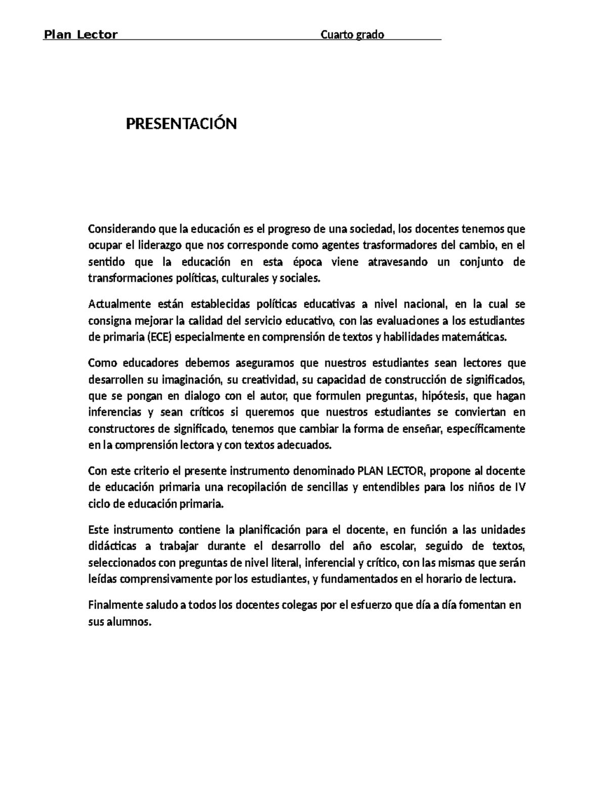 Plan Lector Cuarto Grado: Estrategias para Fomentar la Lectura - Studocu