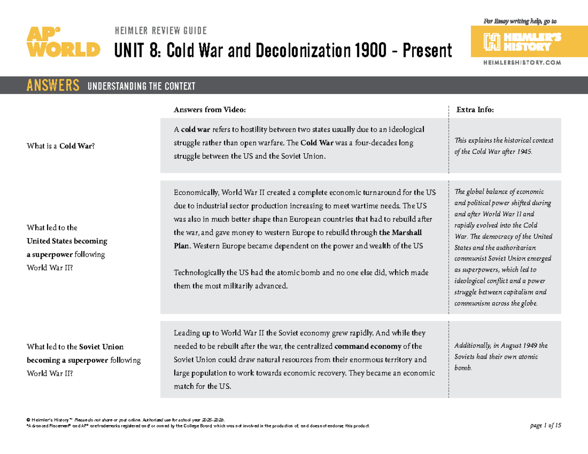 AP World HRG Unit 8: Cold War & Decolonization Review Guide Answers ...