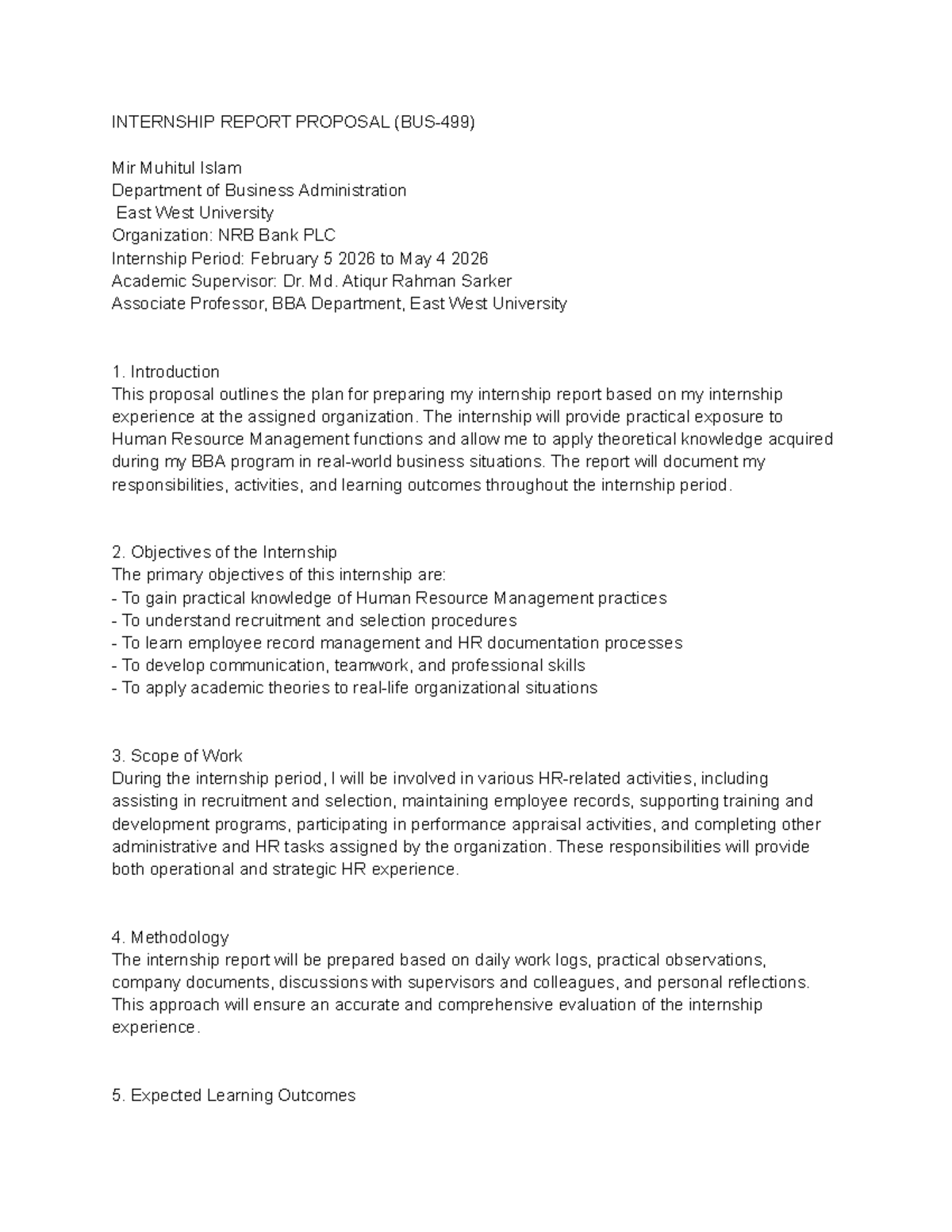 BUS-499 Internship Report Proposal: HR Management at NRB Bank PLC - Studocu