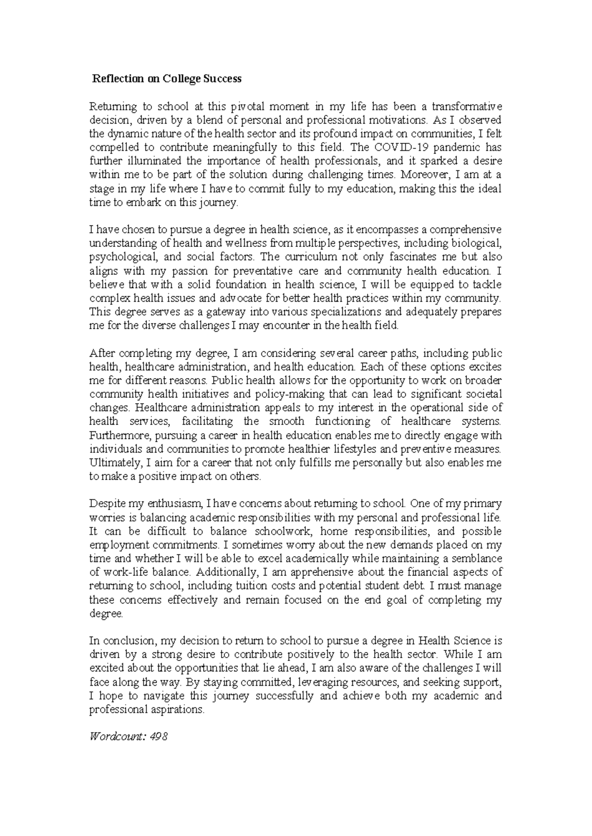 Learning Journal Unit 1 - Reflection on College Success Returning to ...