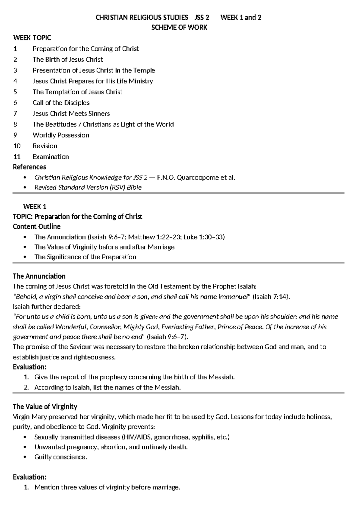 Christian Religious Studies JSS 2 Scheme of Work: Weeks 1 & 2 Topics ...