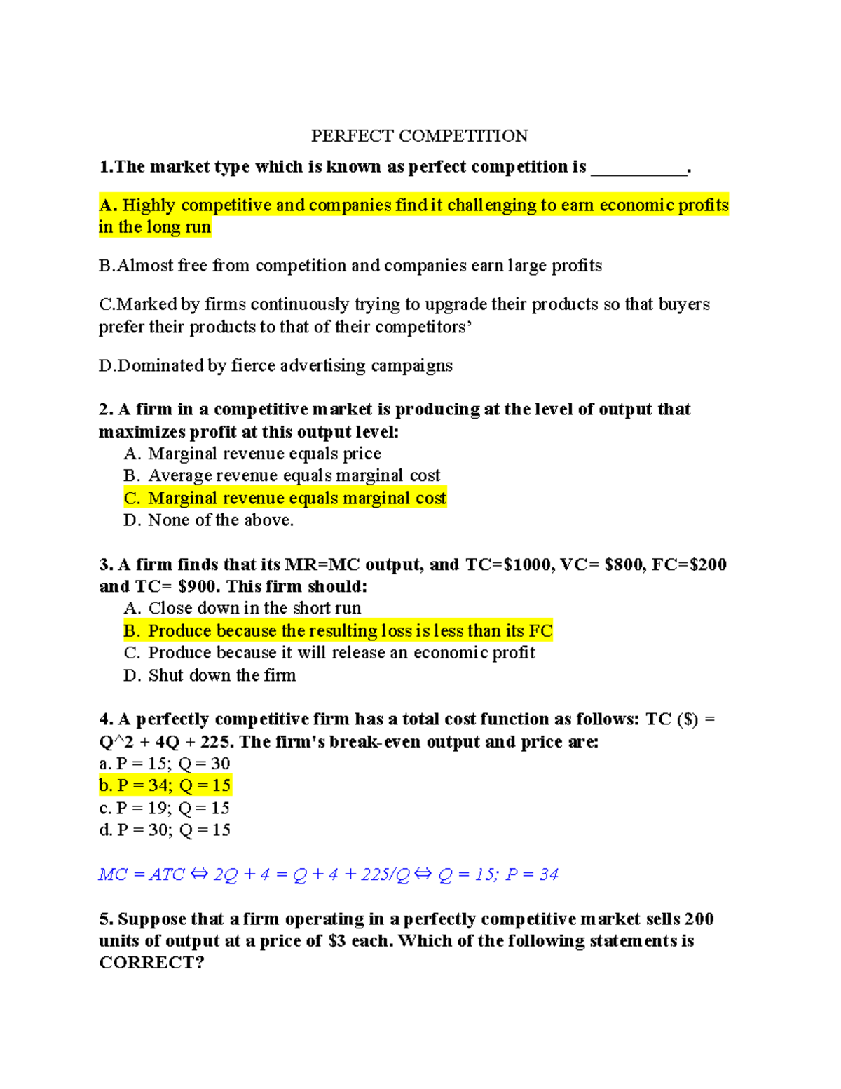 [Micro] Quiz - Market Structure Section 8: Perfect Competition ...