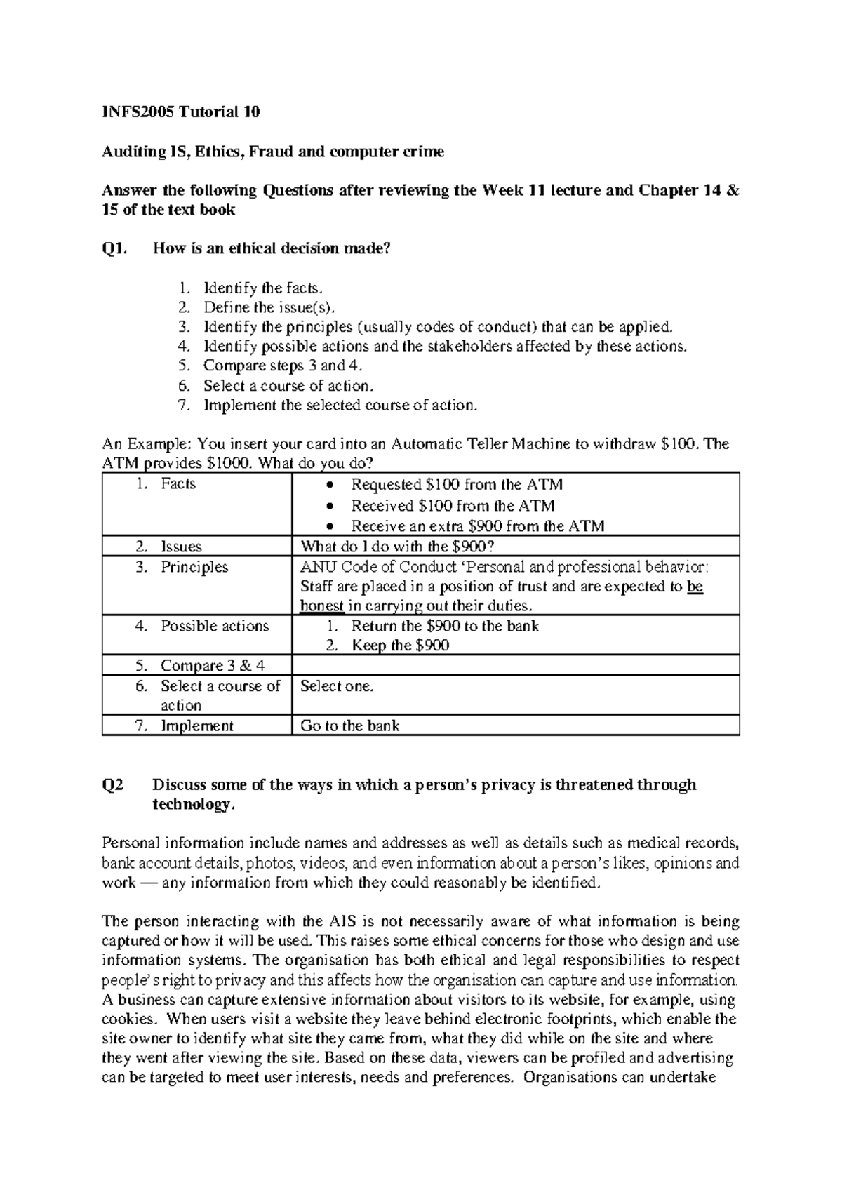 Week12 Tutorial 10 INFS2005 Solutions - INFS2005 Tutorial 10 Auditing ...