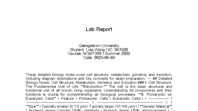 MGMT201 Summer 2023: Detailed Biology Notes on Cell Structure ...
