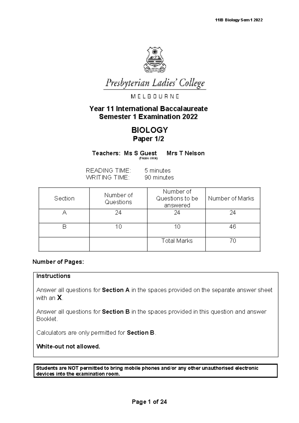 11IB Biology Sem 1 Exam 2022: Comprehensive Question Guide - Studocu