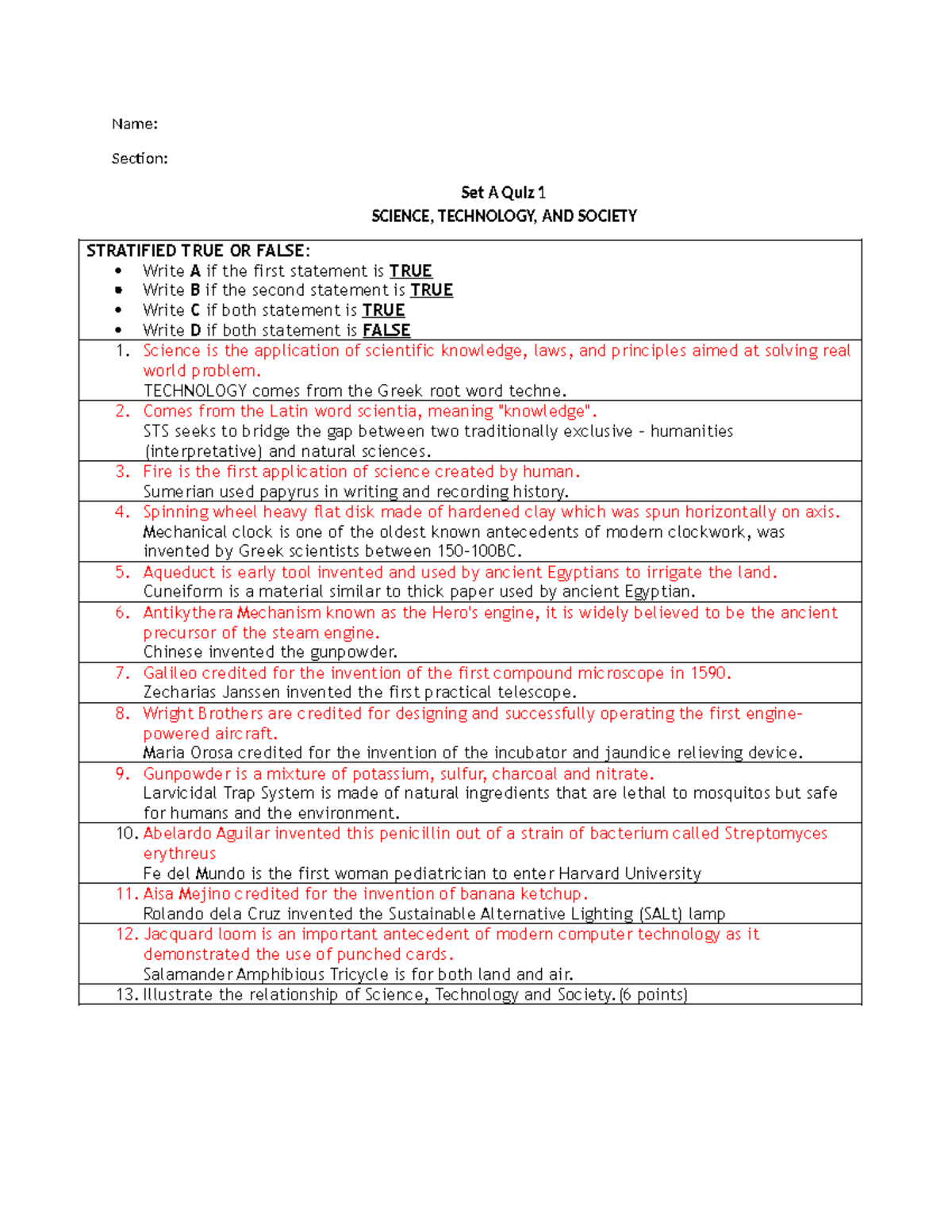 STS SET A QUIZ 1 - Quiz - Name: Section: Set A Quiz 1 SCIENCE ...