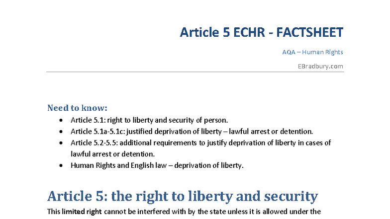 Article 5 ECHR Factsheet: Right to Liberty & Security (AQA) - Studocu