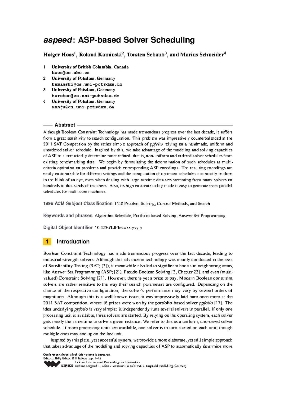 Aspeed Solver Scheduling: Optimizing ASP-Based Approaches - Studocu