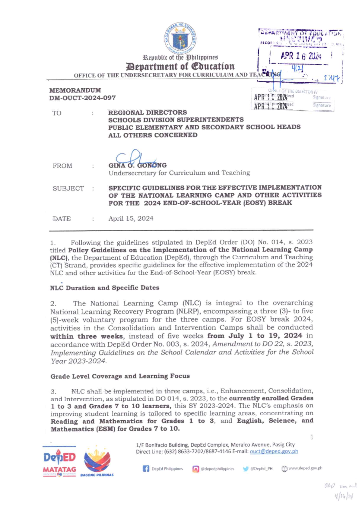 Guidelines for Effective Implementation of NLC and Activities (MEMO DM ...