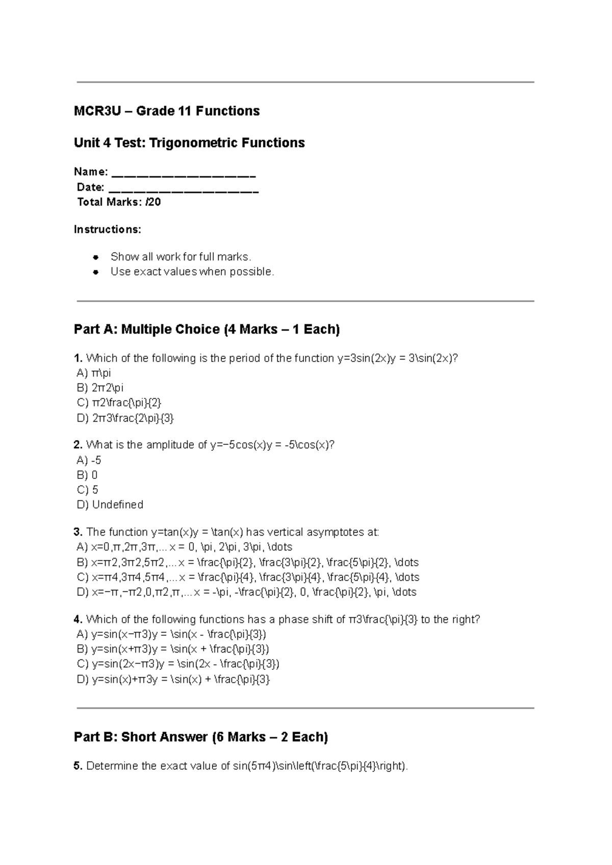 MCR3U – Grade 11 Functions Unit 4 Test: Trigonometric Functions - Studocu