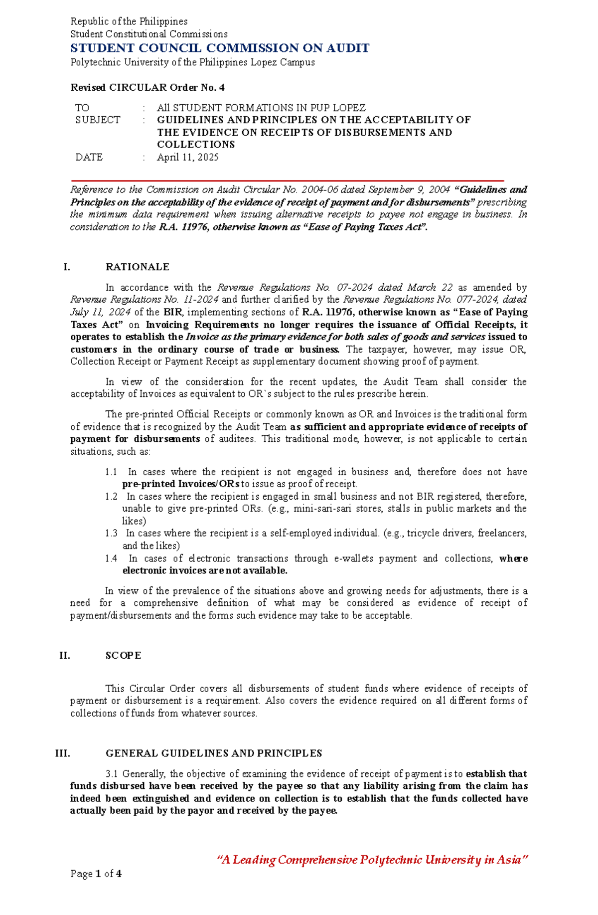 PUP Lopez Campus Circular Order No. 4: Guidelines on Evidence of ...