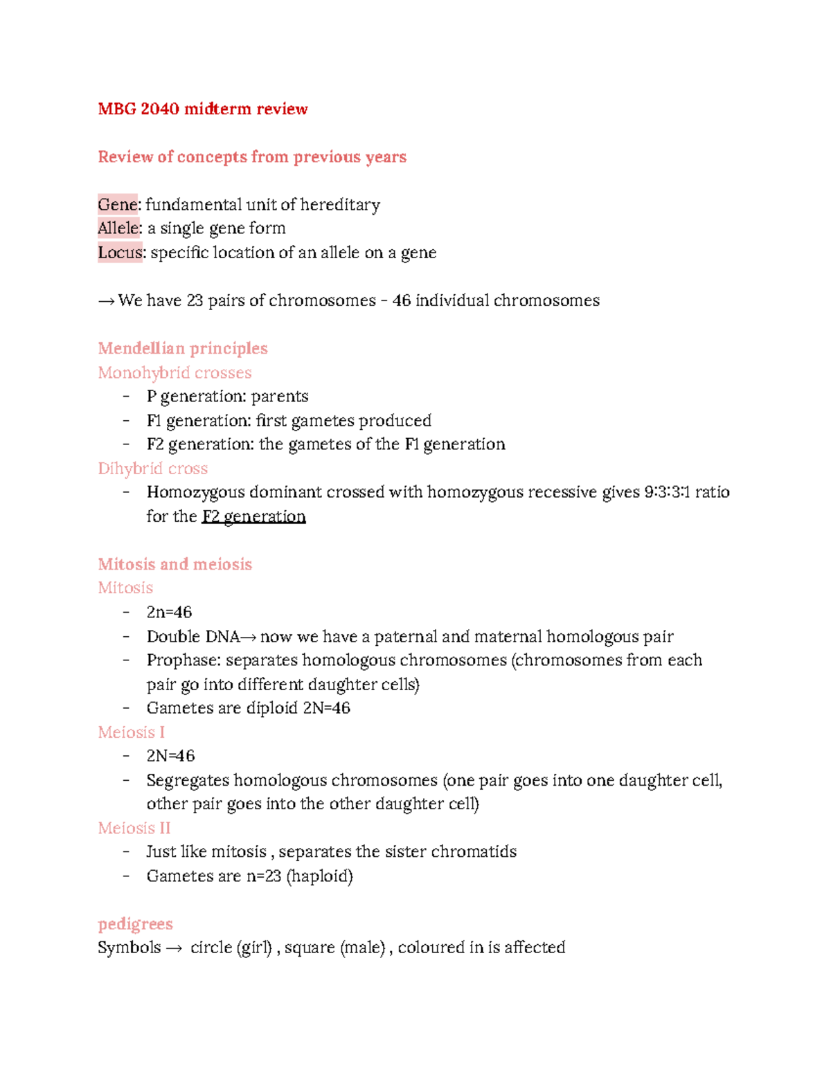 MBG 2040 Midterm Review: Genetics Concepts and Mendelian Principles ...