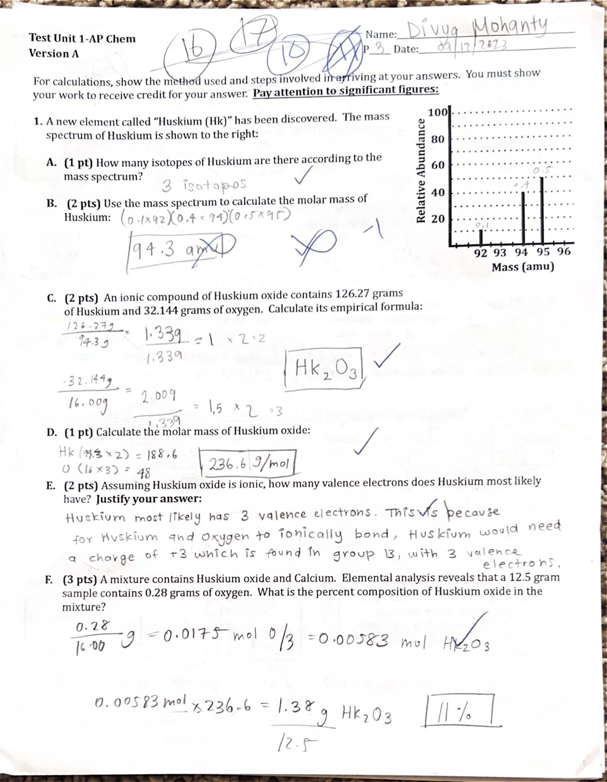 Unit 1 Test: Chemistry - Huskium Isotope Analysis and Calculations ...