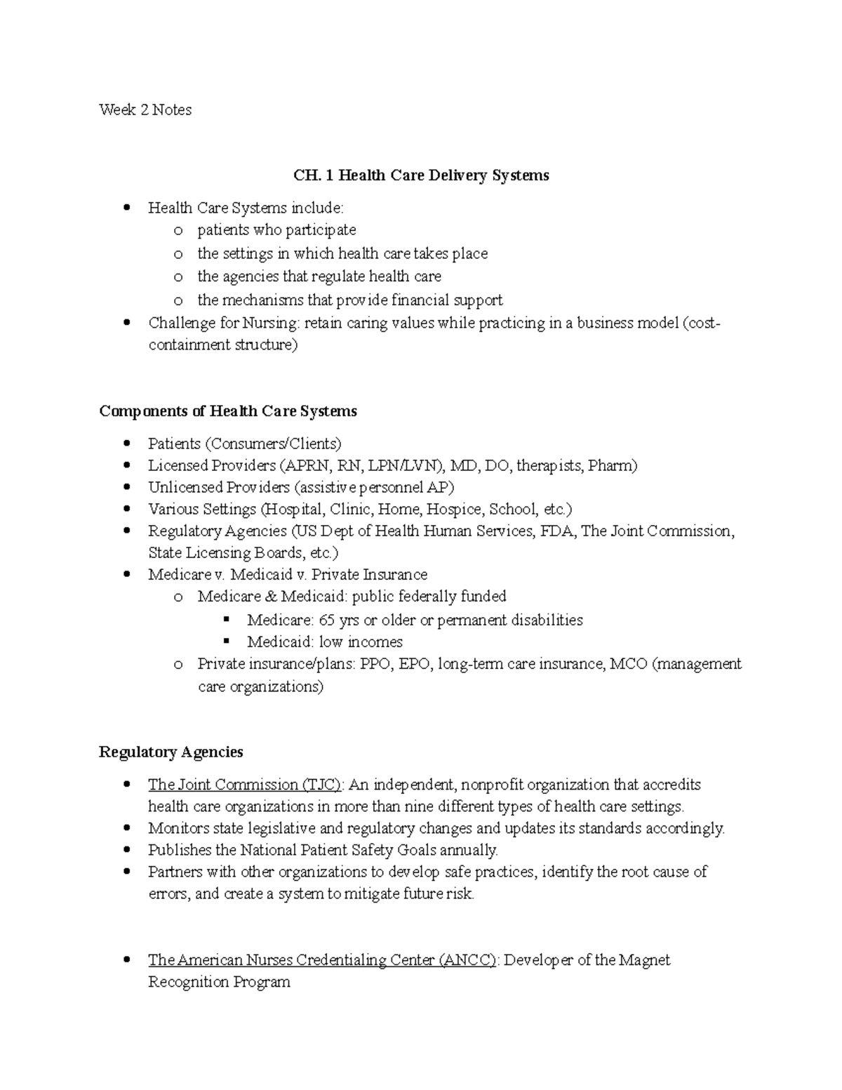 NURS 101 Week 2 Lecture Notes on Health Care Delivery Systems - Studocu