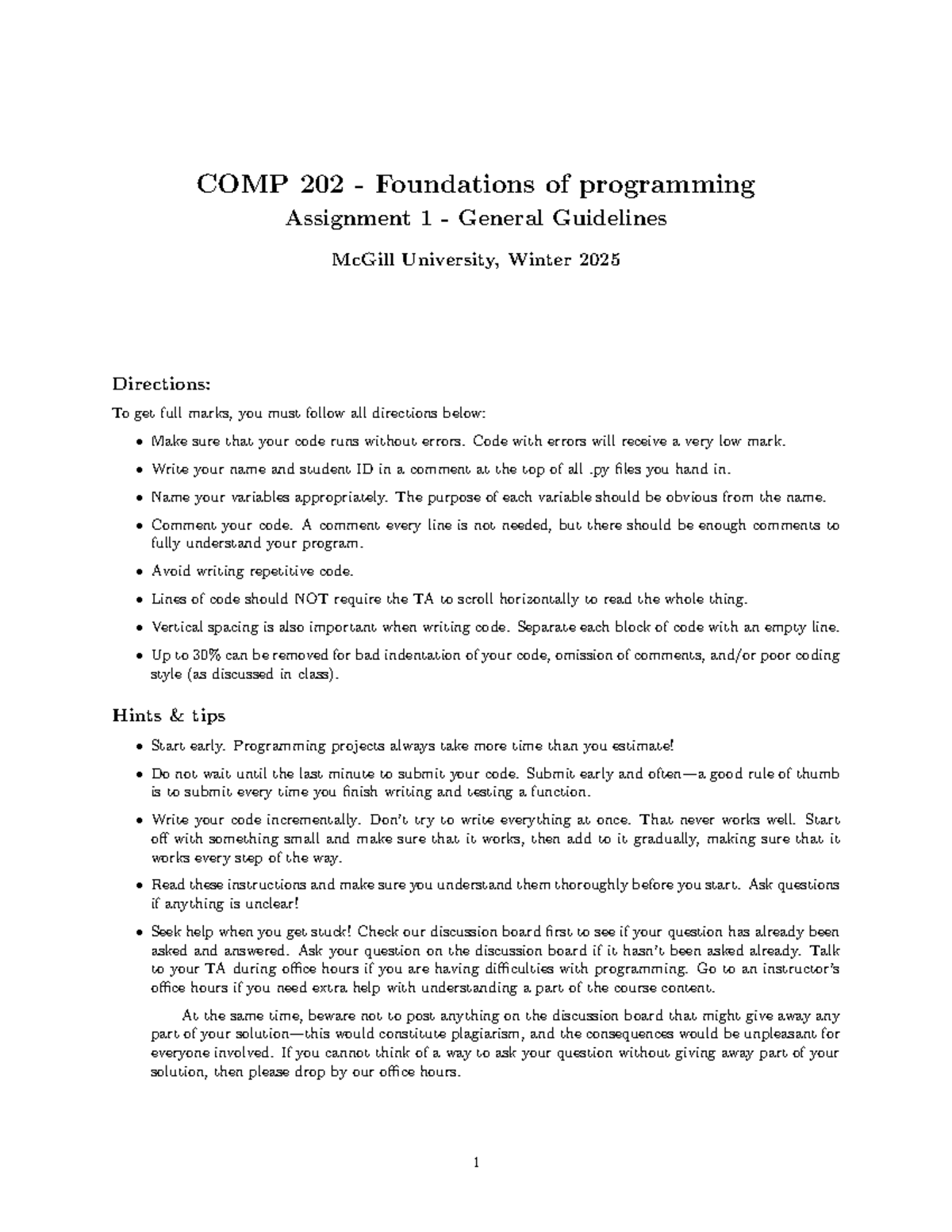 COMP202 Win 25 A1 Guidelines - COMP 202 - Foundations of programming ...
