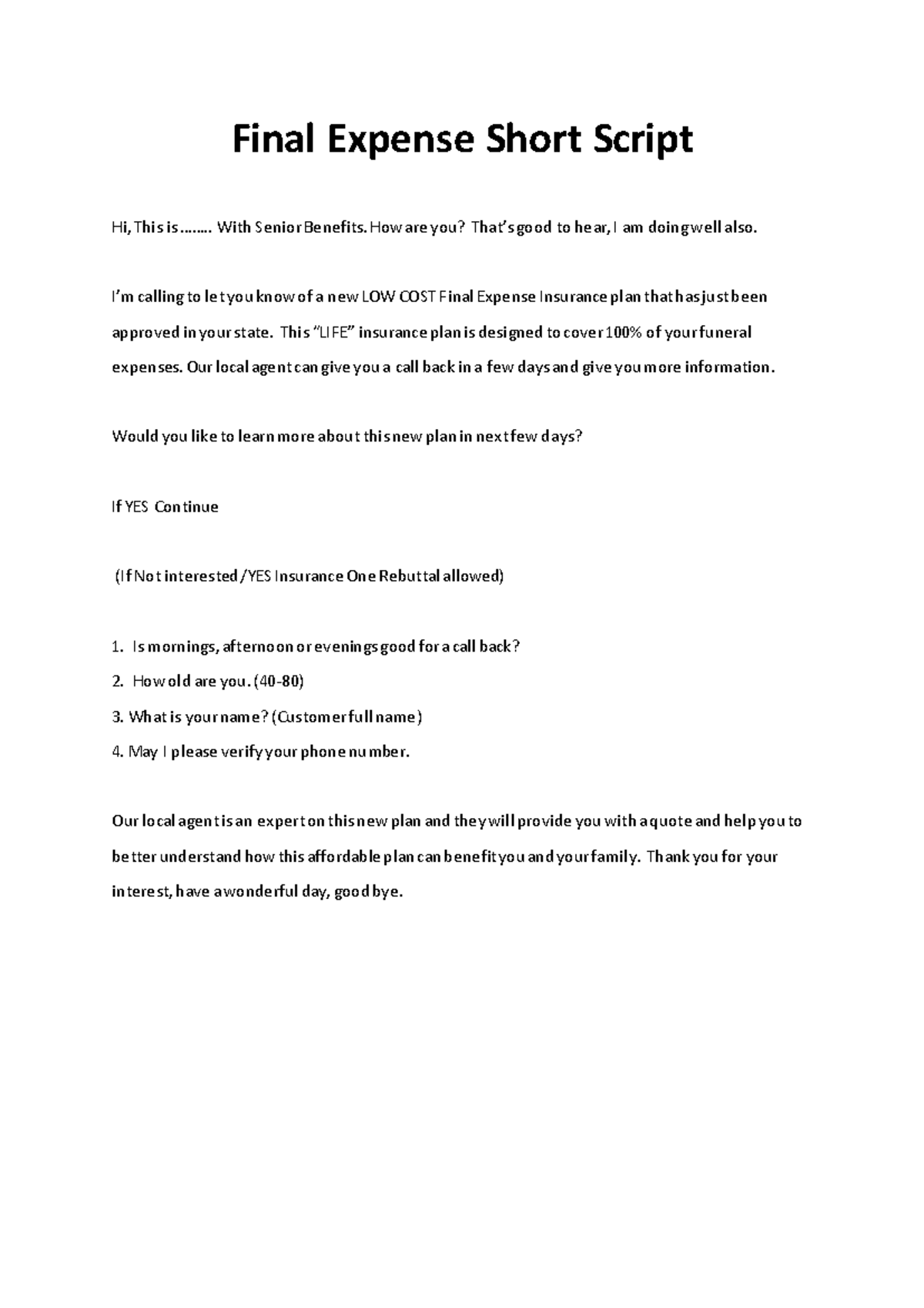 Final Expense Short Script 11 09 16 - Final Expense Short Script Hi ...