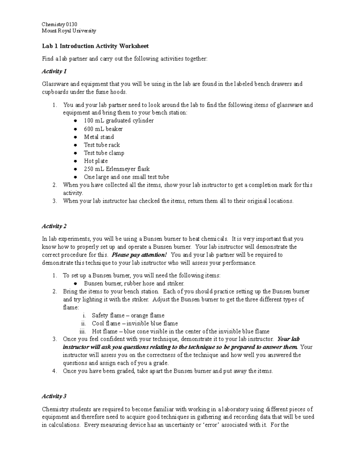 Chemistry 0130 Lab 1: Introductory Activities Worksheet - Studocu