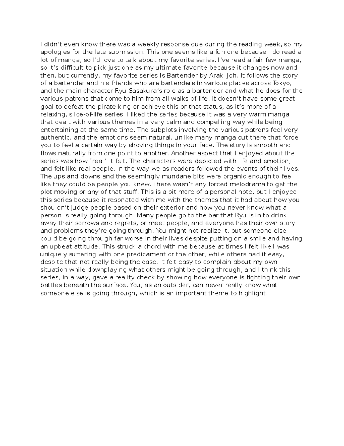 SCAR 2TT3, Week 6 Response: My Favorite Manga and Its Themes - Studocu