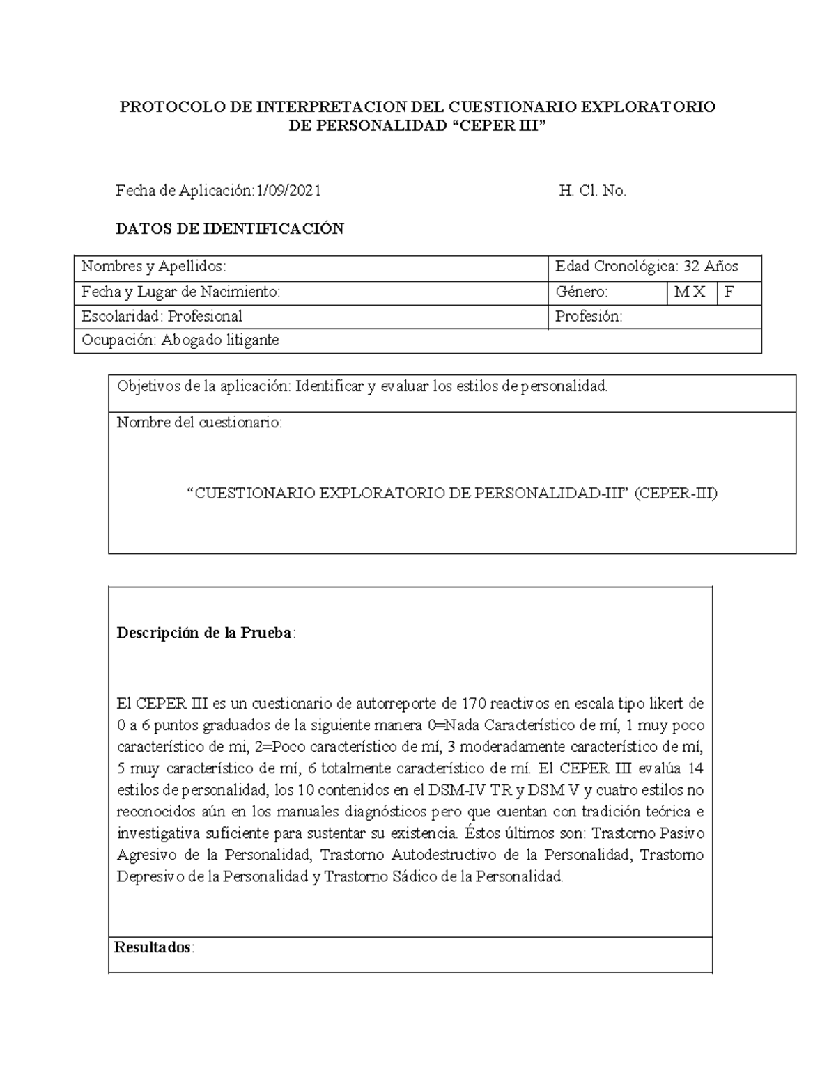 Informe Protocolo Personalidad CEPER-III: Aplicación y Resultados - Studocu