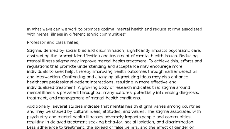 Week 2 DQ2 - Addressing Mental Health Stigma Across Cultures - Studocu