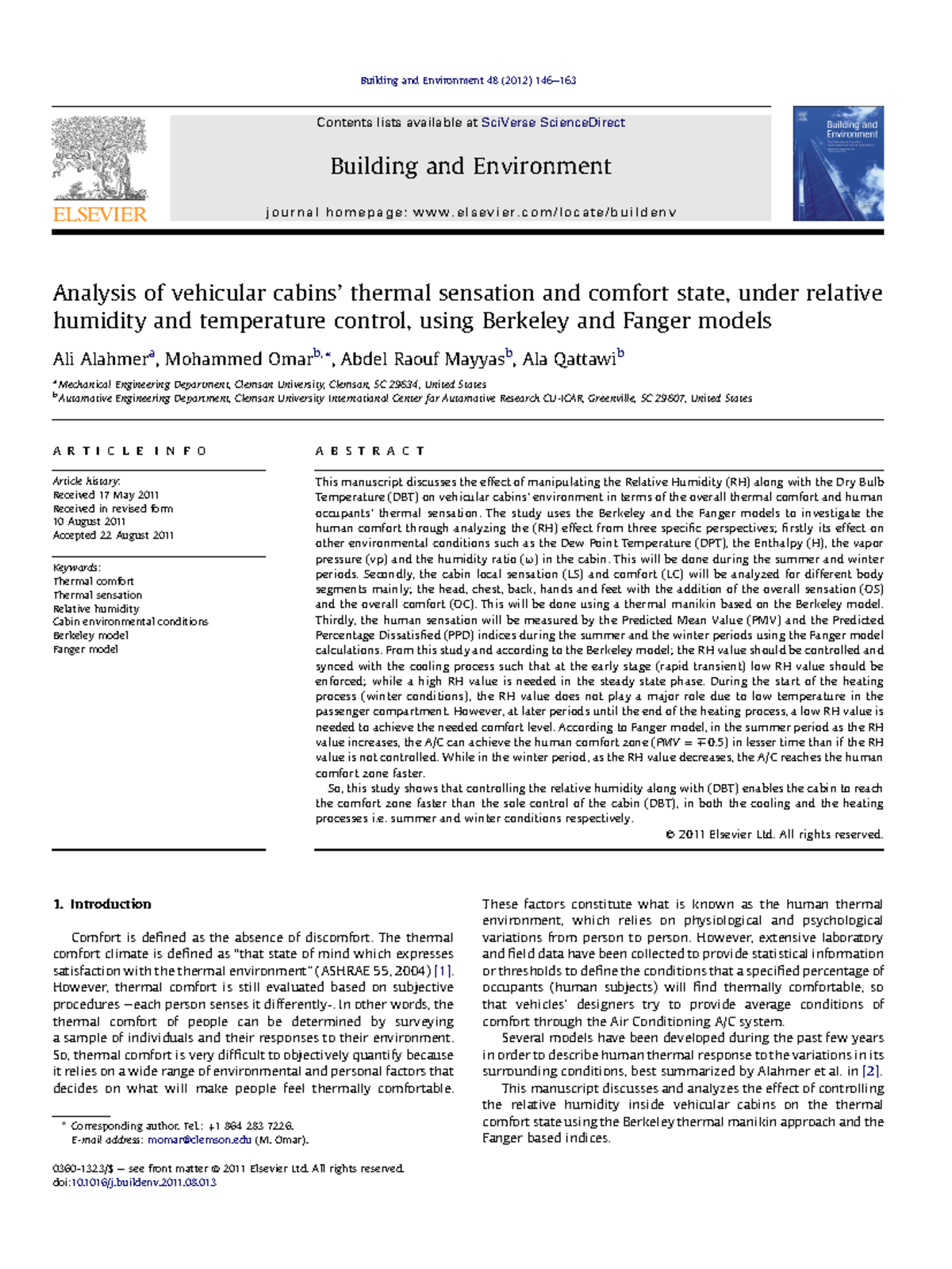 Analysis of Vehicular Cabin Thermal Comfort: Berkeley & Fanger Models ...