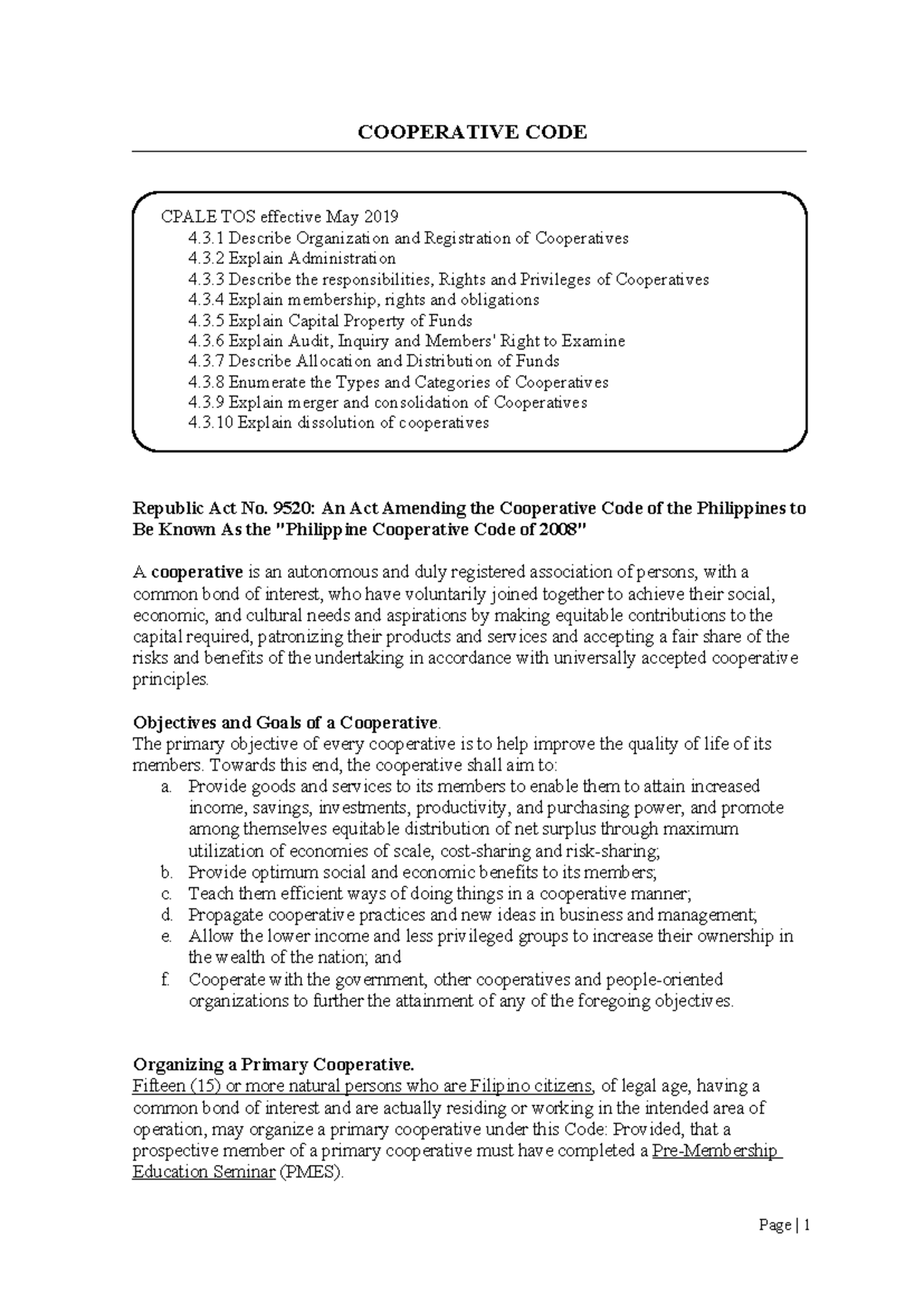 Cooperative CODE Summary - COOPERATIVE CODE CPALE TOS effective May ...