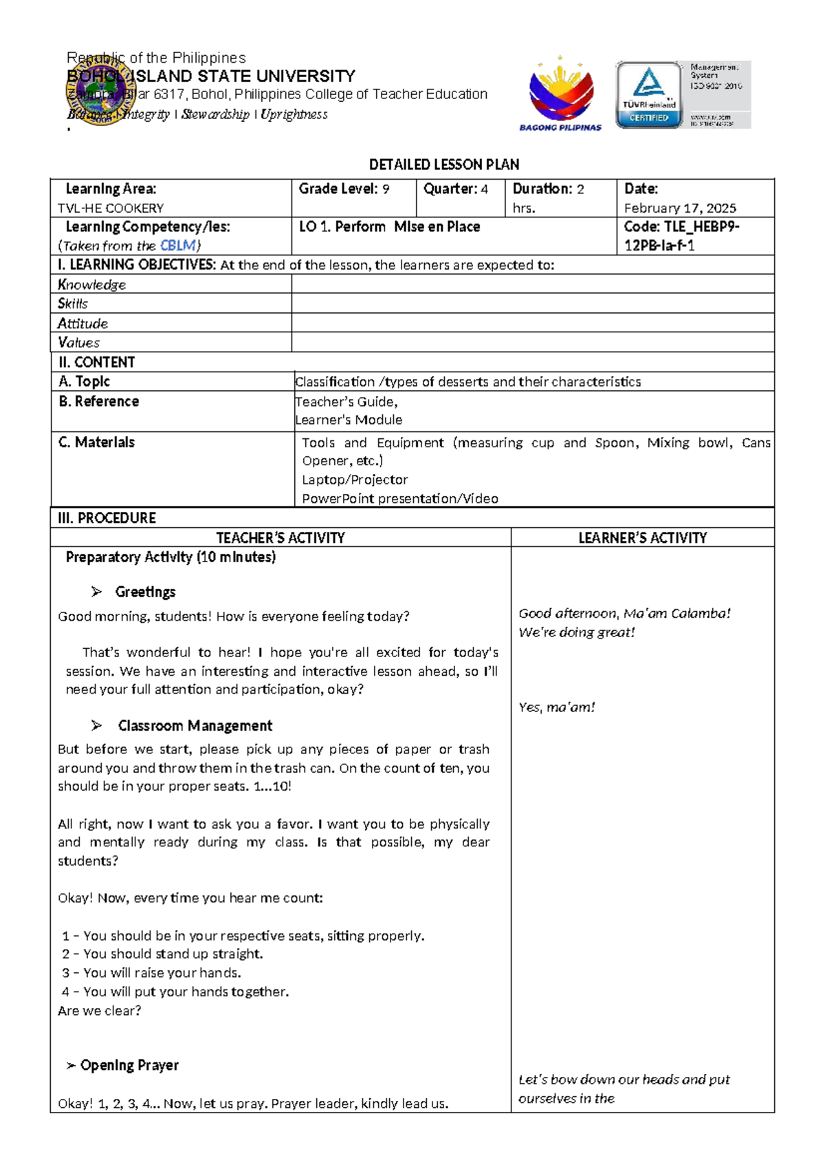 DLP 12: Detailed Lesson Plan on Dessert Classification for TLE_HEBP9 ...