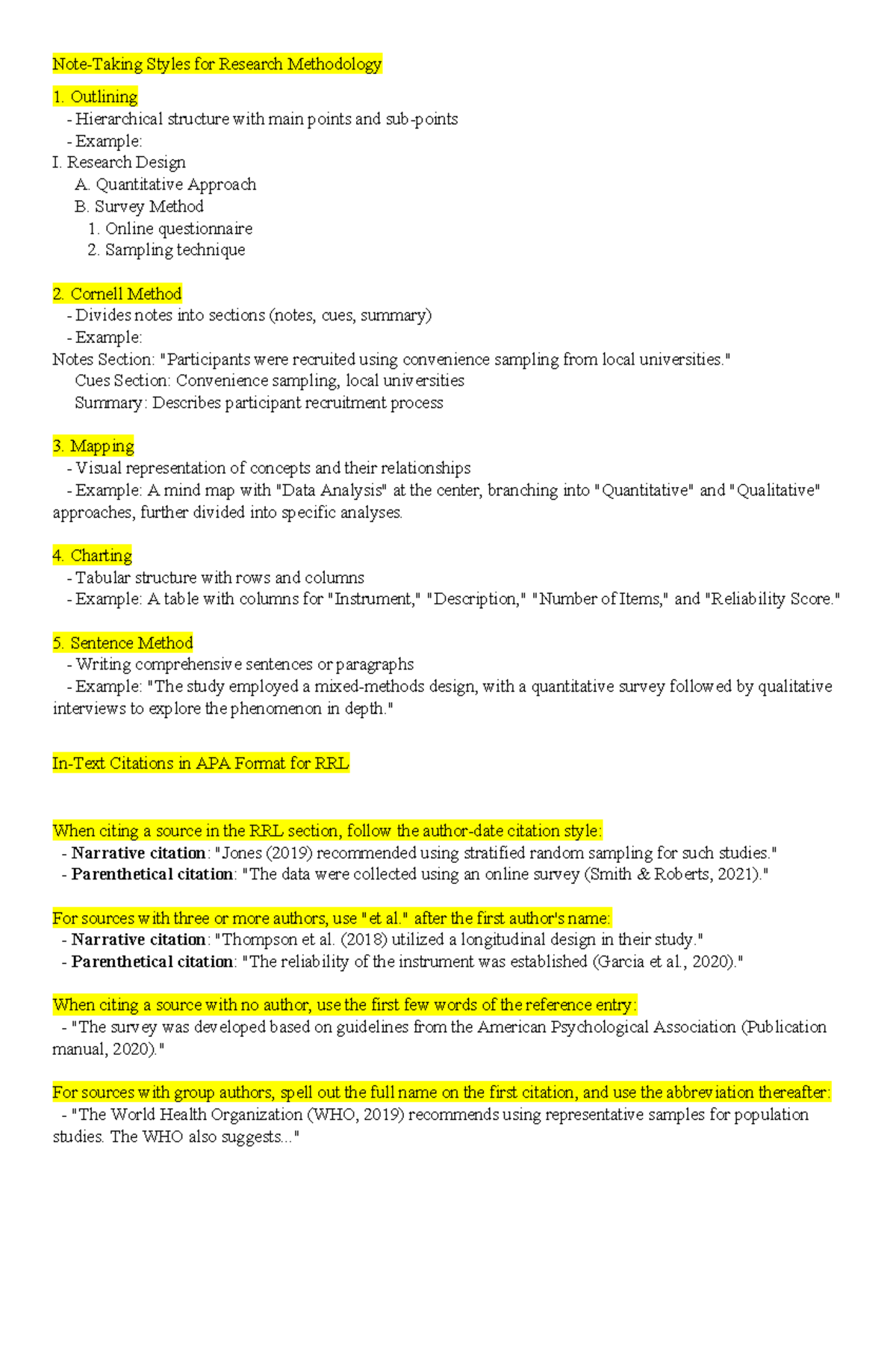 RRL Note-Taking Styles & APA In-Text Citations Guide - Studocu
