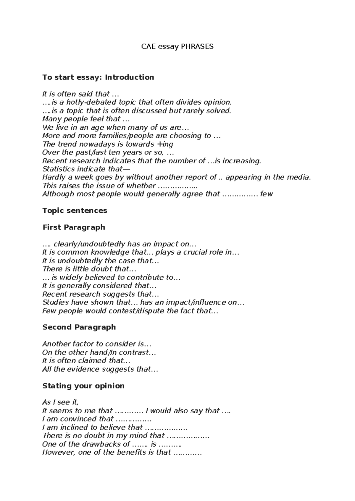 CAE Essay Phrases: Essential Expressions for Writing - Studocu