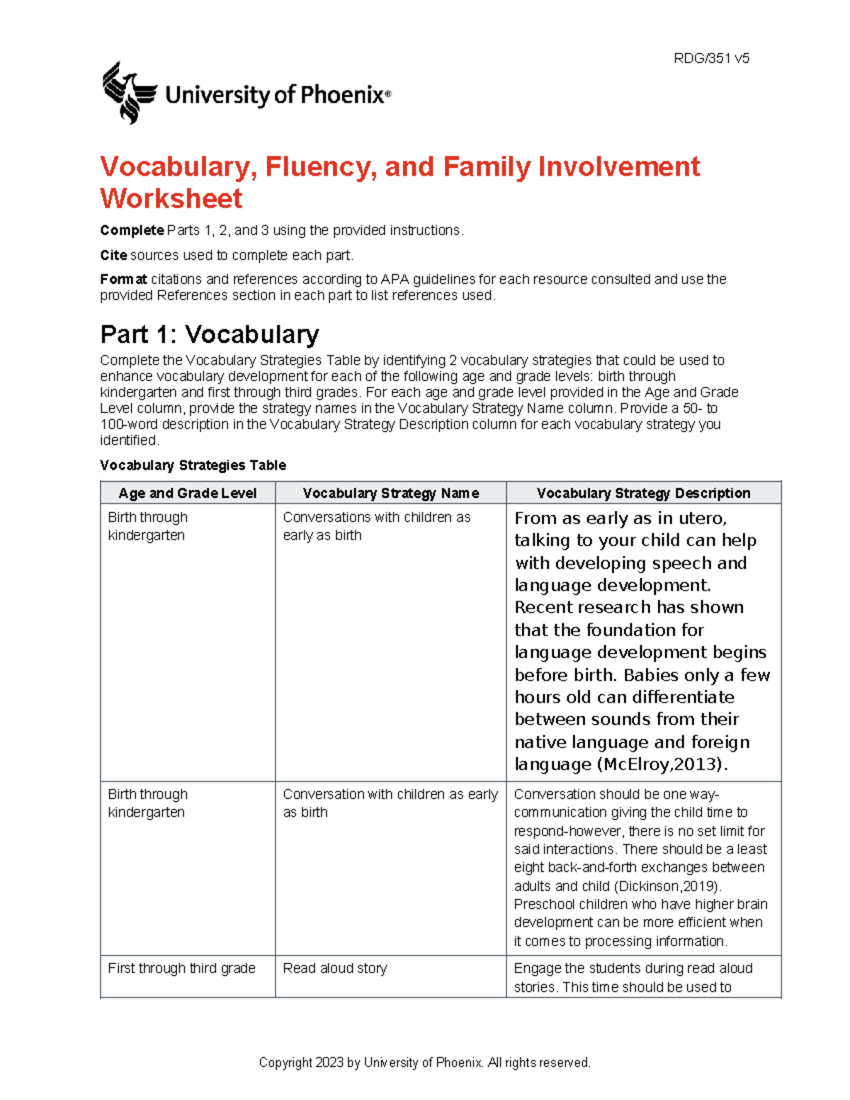 Rdg351 v5 wk4 vocabulary fluency and family involvement worksheet - RDG ...